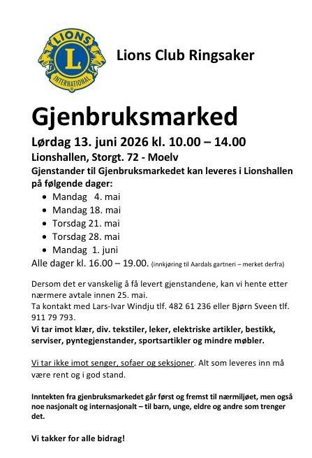Lions gjenbruksmarked Moelv - Hamar kommune